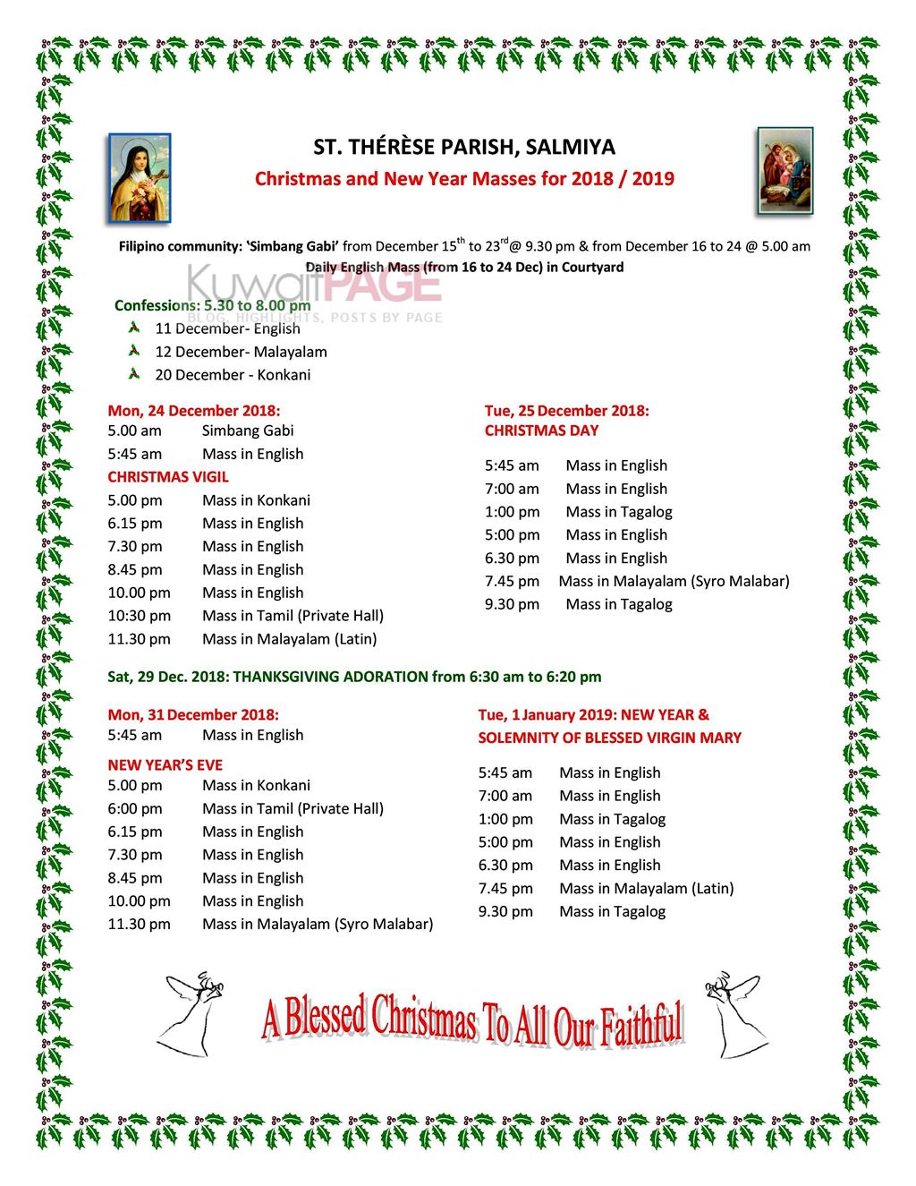 Kuwait Church Mass Timings For Christmas And New Year 2018 | Kuwait ...